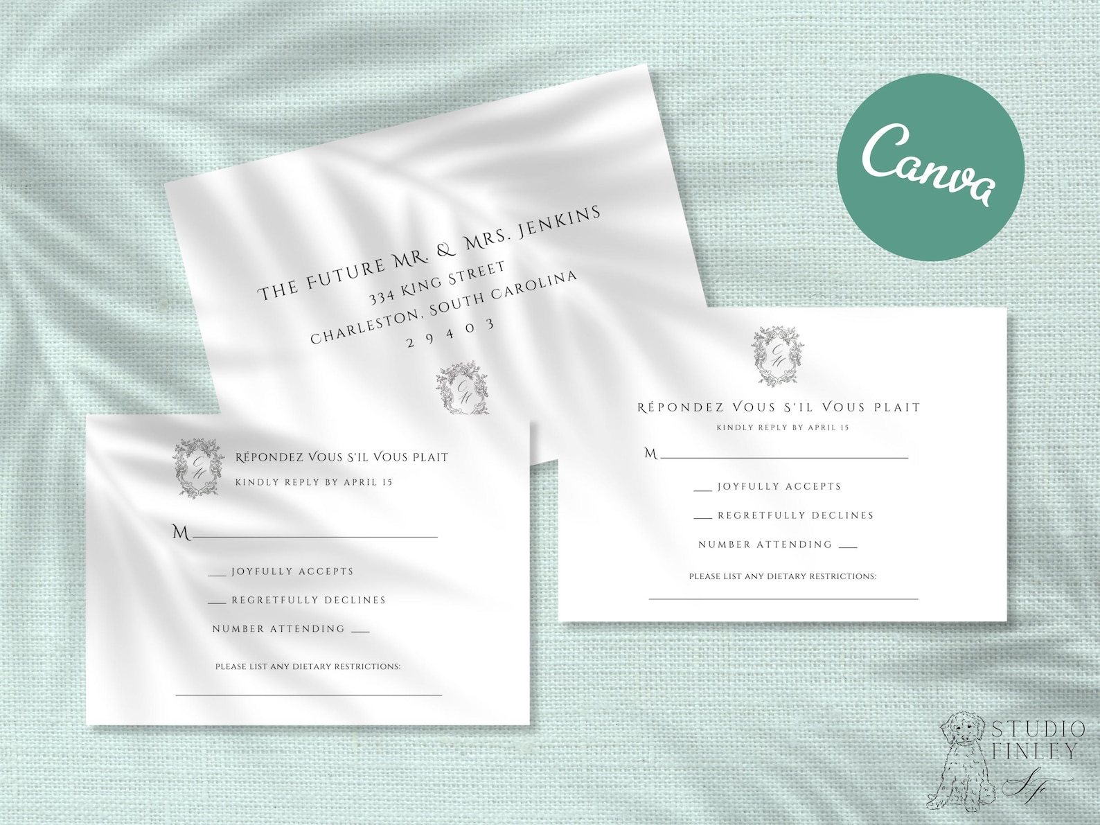 Wedding RSVP Card + Envelope Template, Classic, Elegant Crest ...