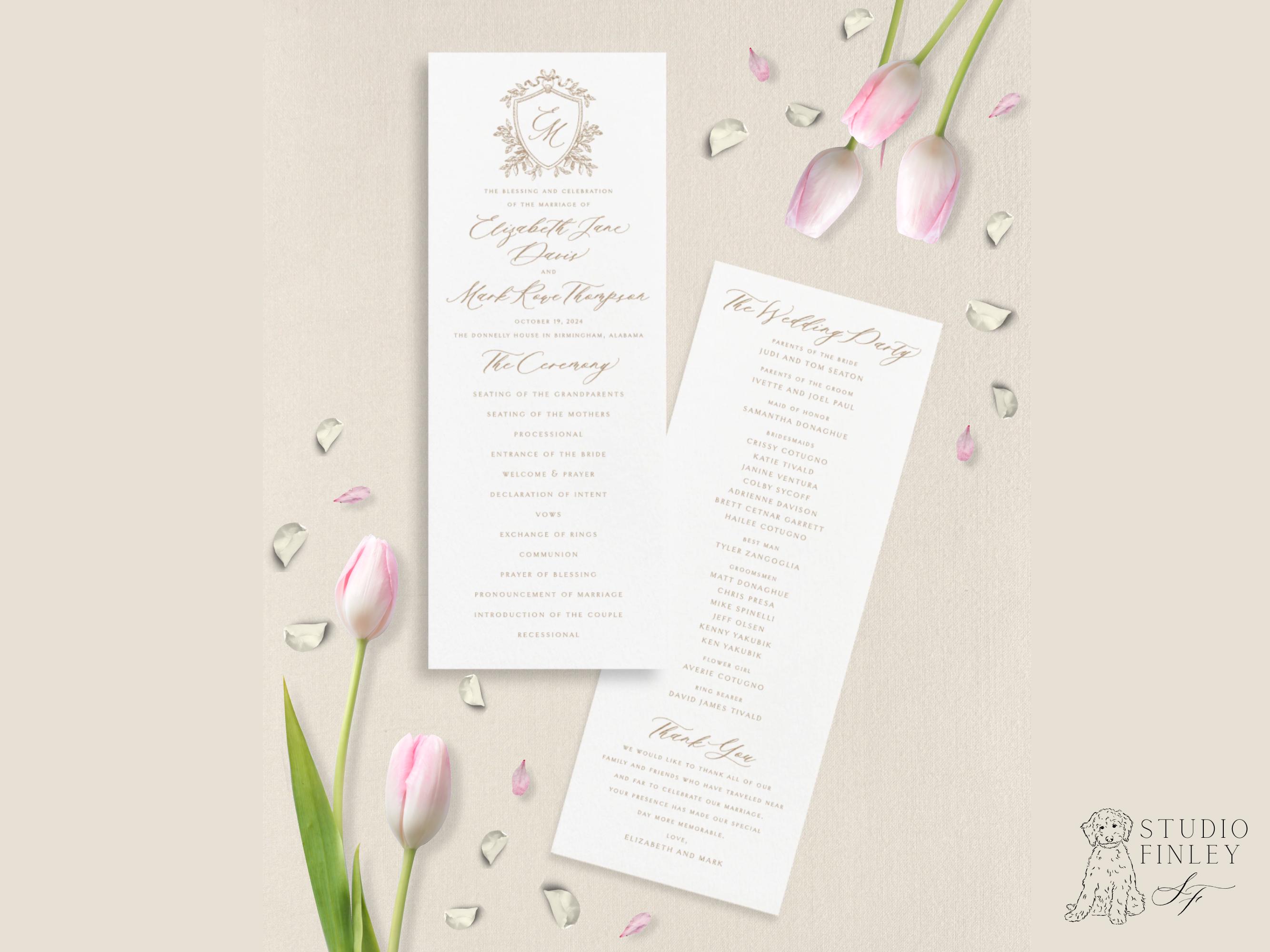Wedding Program Card Template, Classic, Elegant Crest & Monogram ...