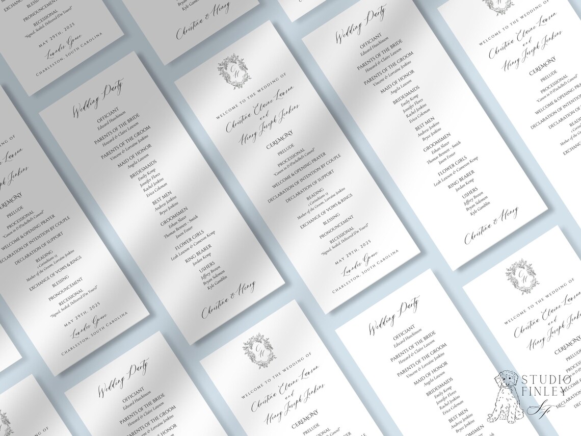 Wedding Program Card Template, Classic, Elegant Crest & Monogram ...