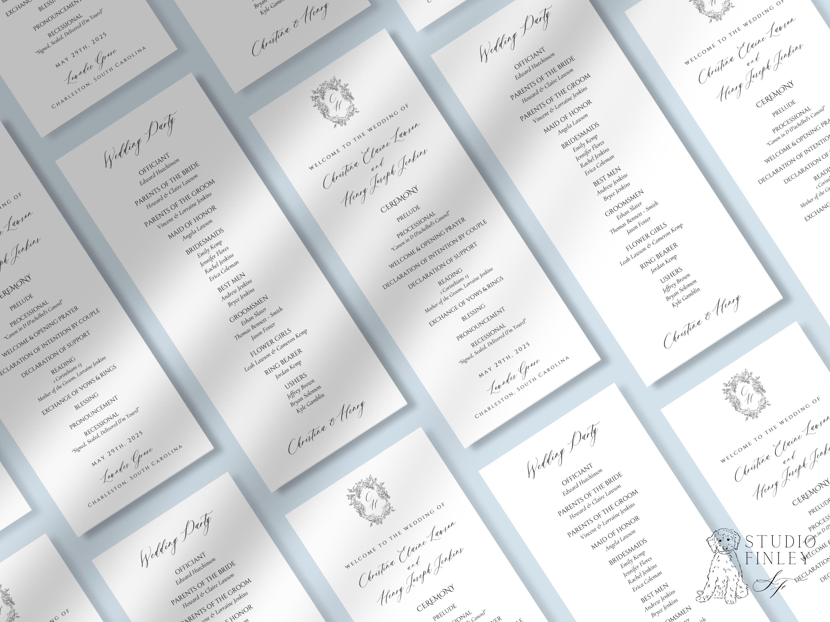 Wedding Program Card Template, Classic, Elegant Crest & Monogram ...