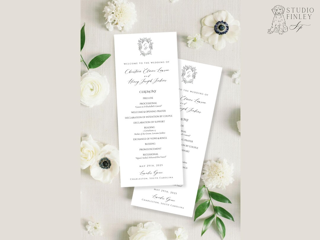 Wedding Program Card Template, Classic, Elegant Crest & Monogram ...