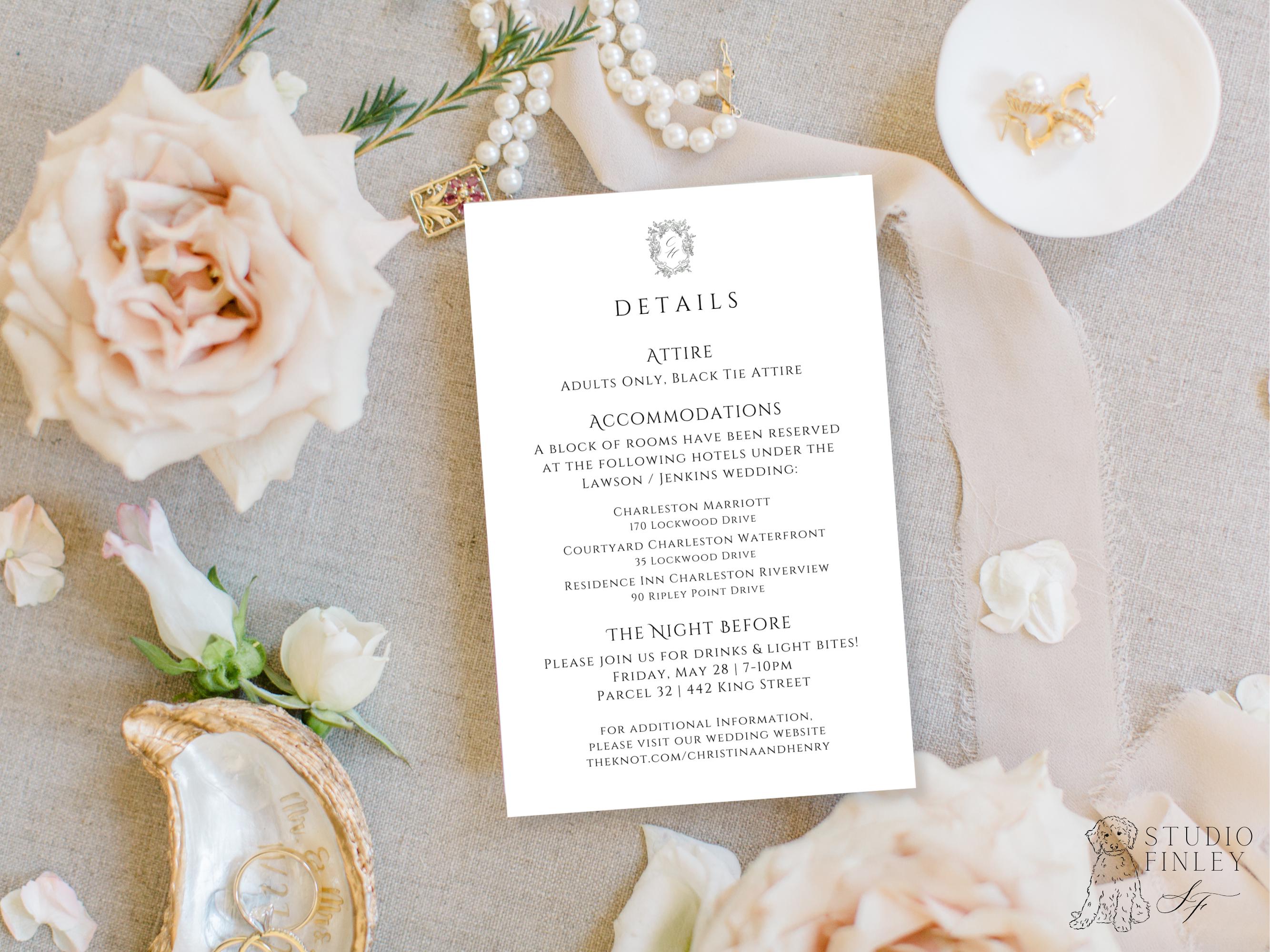 Wedding Details Card Template, Classic, Elegant Crest & Monogram ...