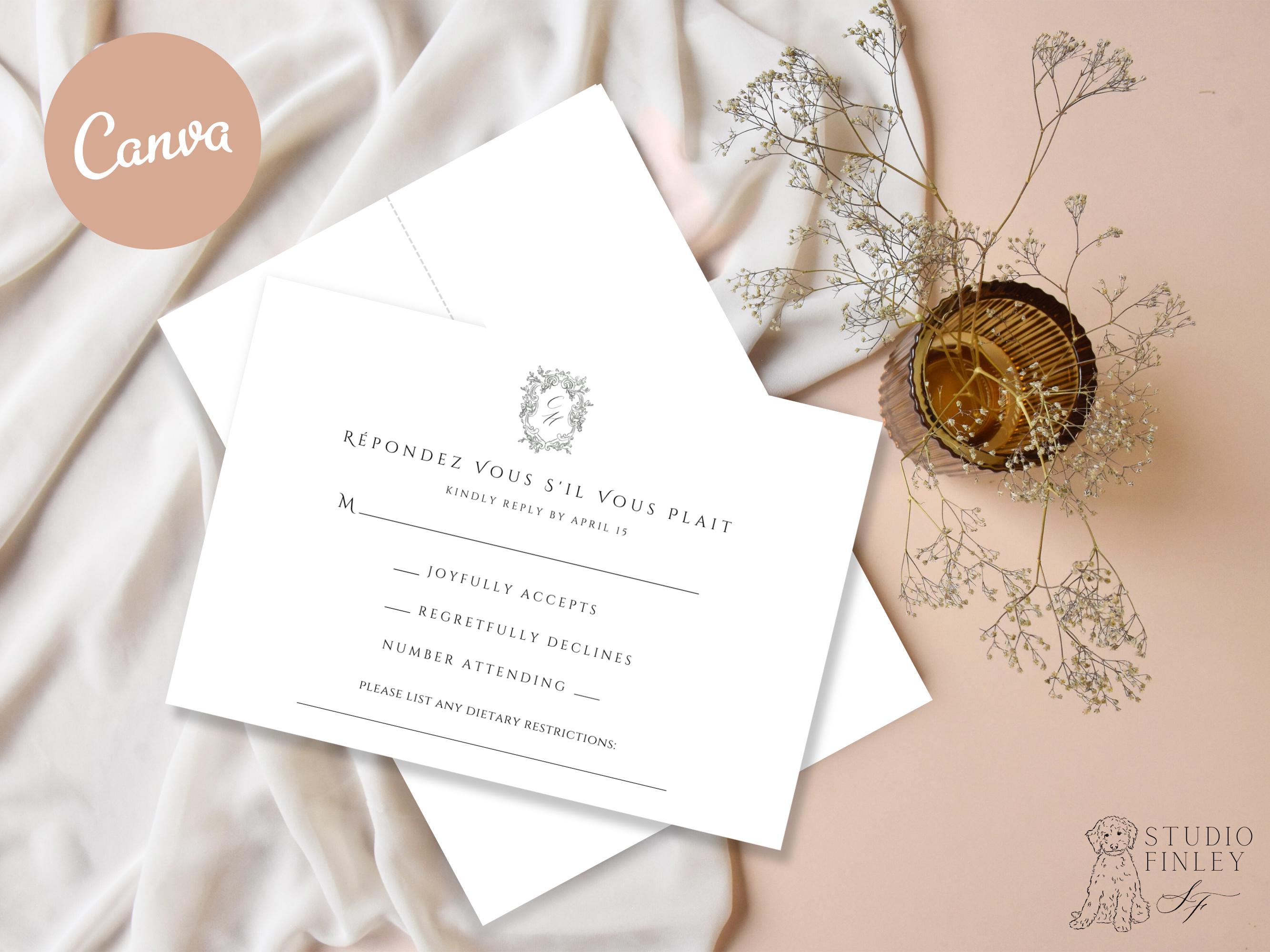 Wedding RSVP Card + Envelope Template, Classic, Elegant Crest ...