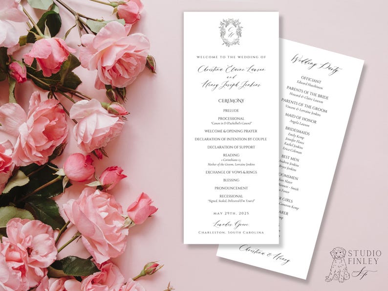 Wedding Program Card Template, Classic, Elegant Crest & Monogram ...