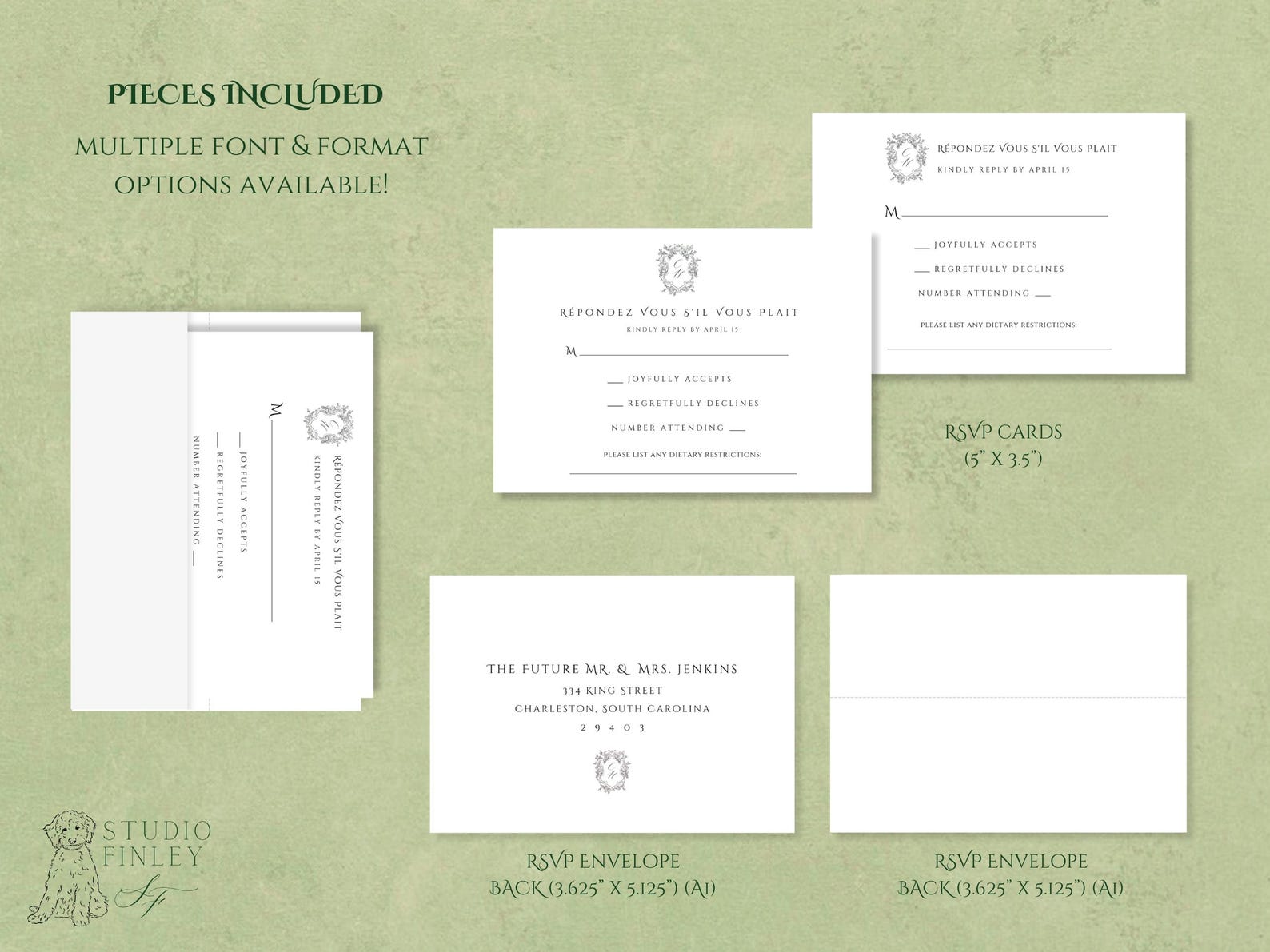 Wedding RSVP Card + Envelope Template, Classic, Elegant Crest ...