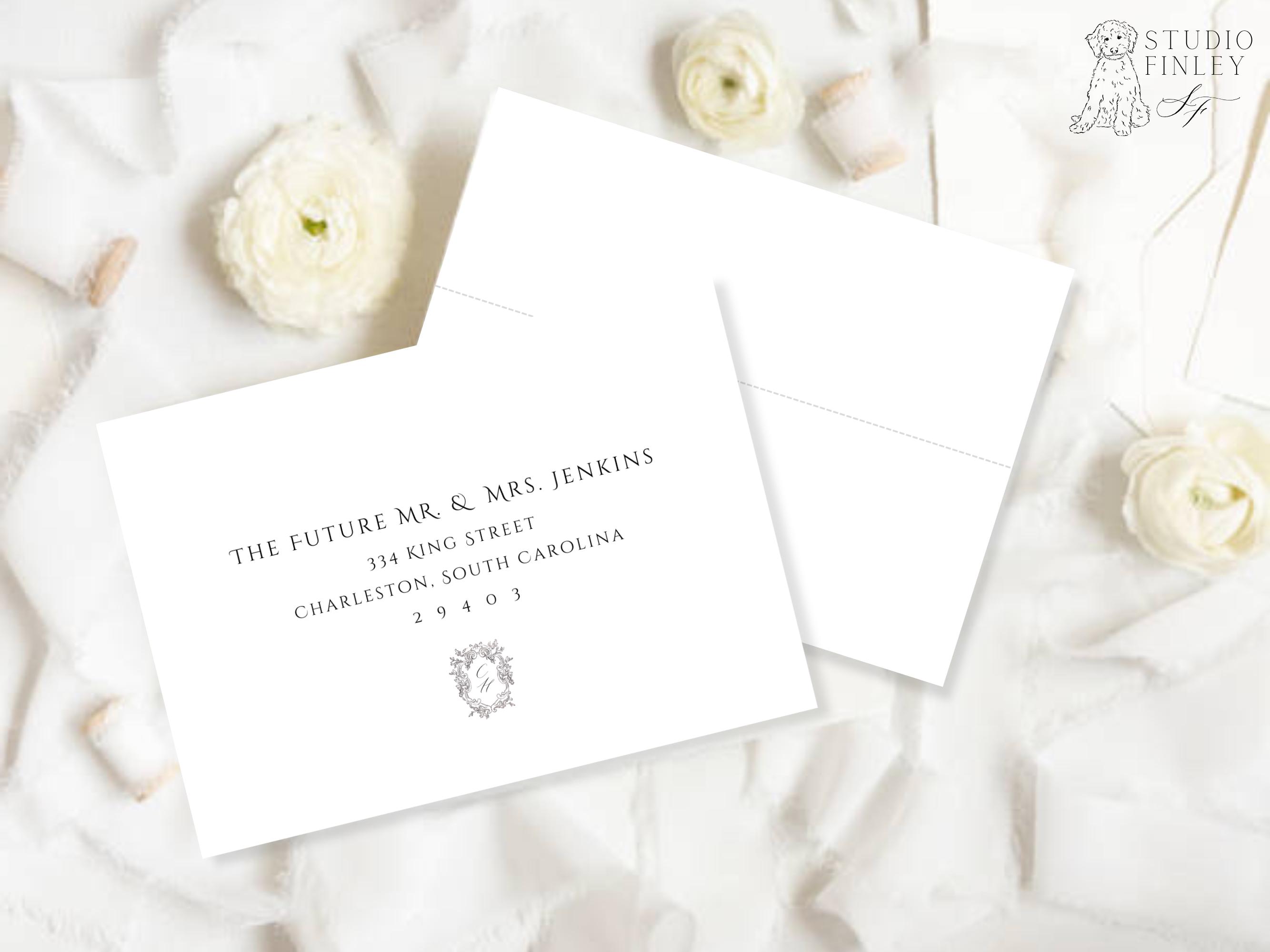 Wedding RSVP Card + Envelope Template, Classic, Elegant Crest ...