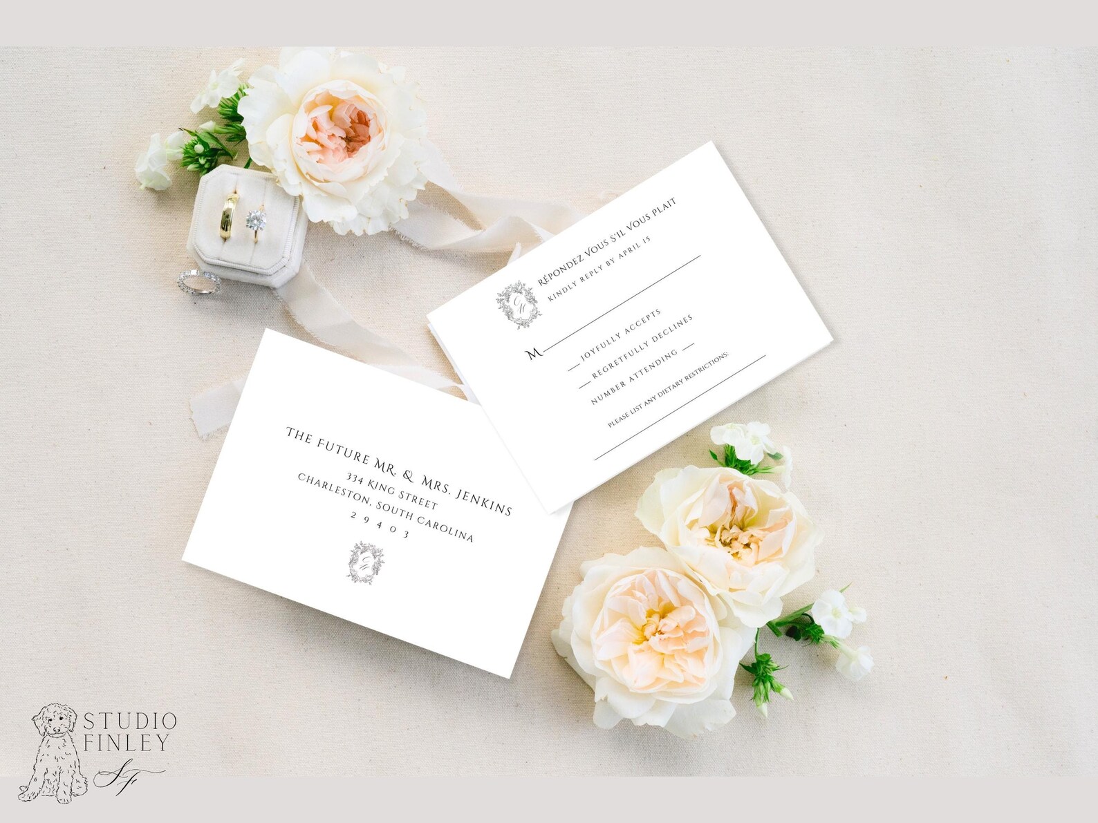 Wedding RSVP Card + Envelope Template, Classic, Elegant Crest ...