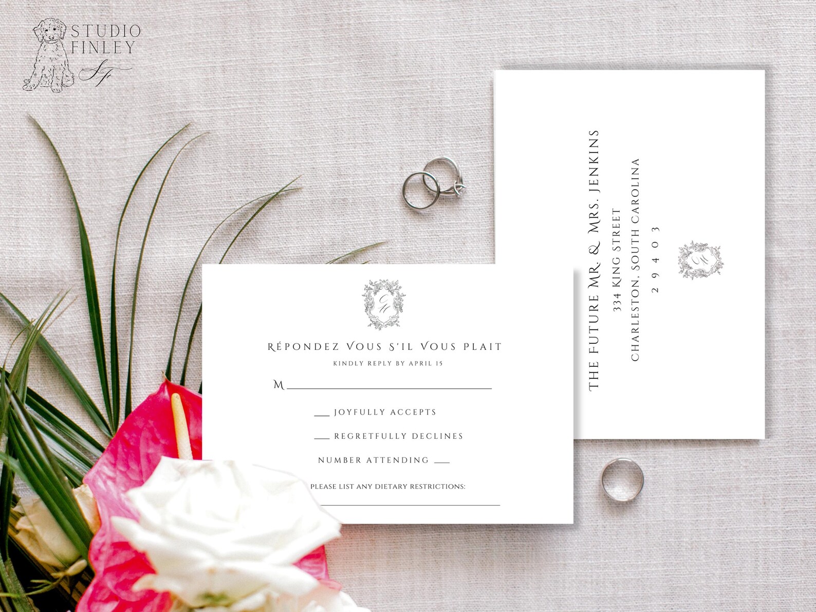 Wedding RSVP Card + Envelope Template, Classic, Elegant Crest ...