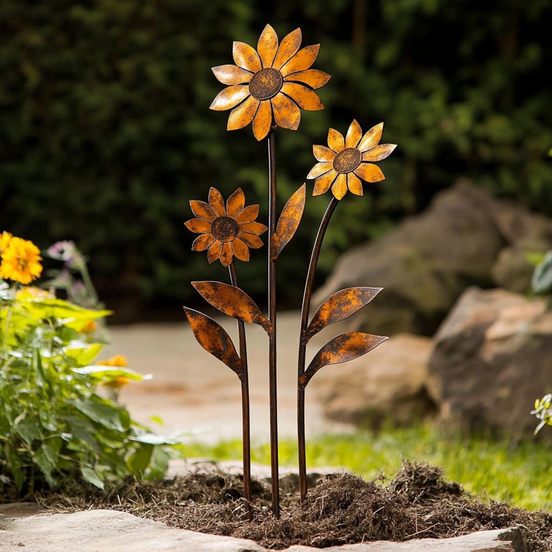 Rustic Triple Sunflower Garden Sculpture - Garden Stake - Etsy