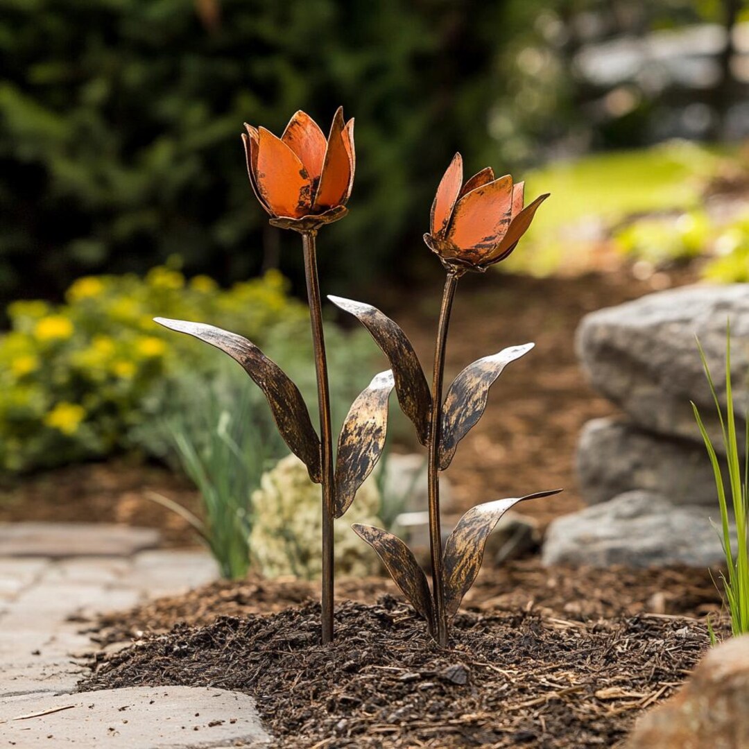 Dual Rustic Tulip Garden Sculpture - Garden Stake - Etsy
