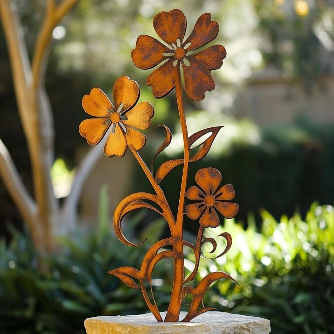 Rustic Metal Blooming Flower Garden Sculpture - Garden Stake - Etsy