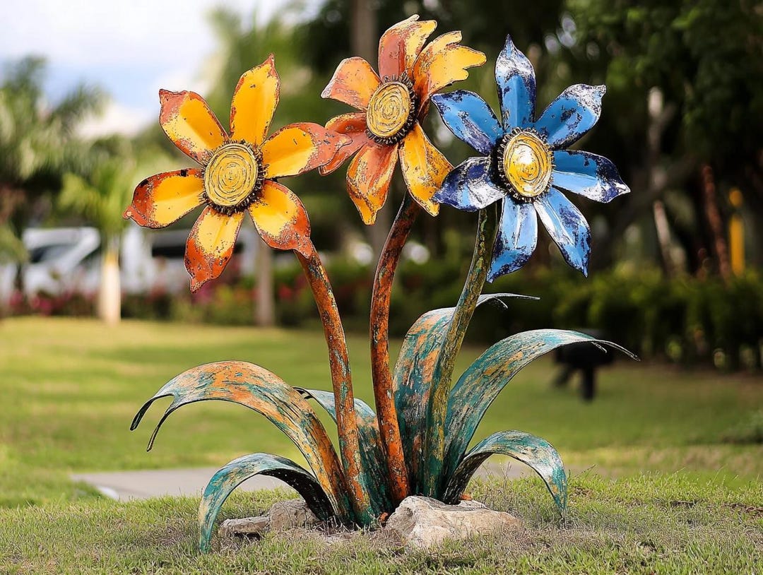 20" Rustic Multicolor Metal Flower Sculpture - Garden Stake - Etsy