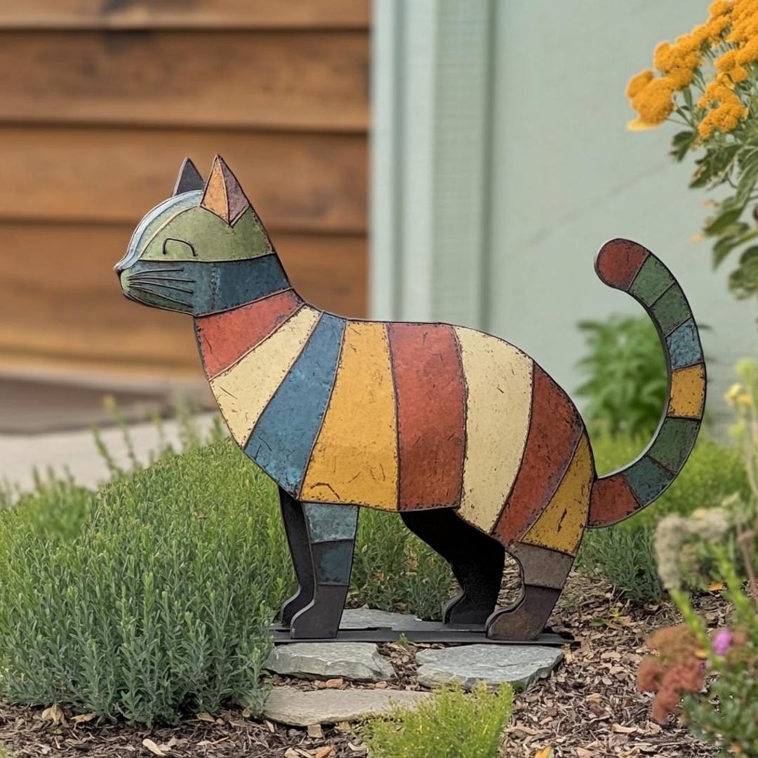 Joyful Stripes: Playful Metal Cat Garden Statue - Garden Stake - Etsy