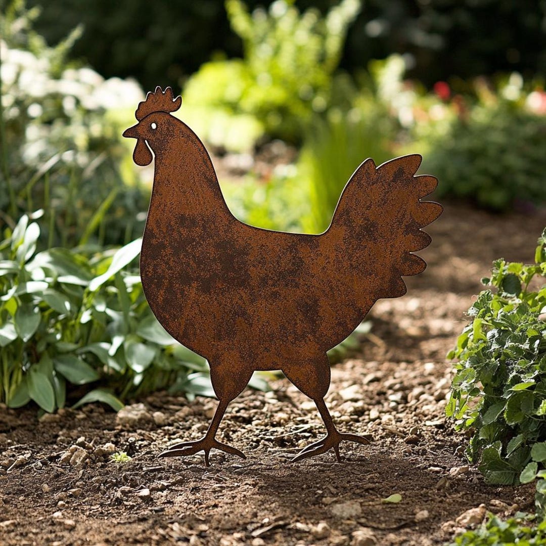 Rustic Metal Chicken Garden Art - Garden Stake - Etsy