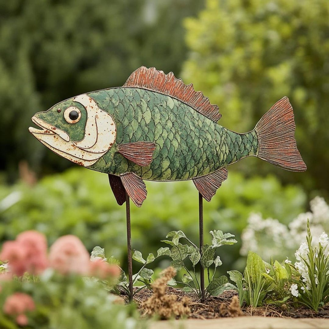 Green Bass Fish Sculpture - Garden Stake - Etsy