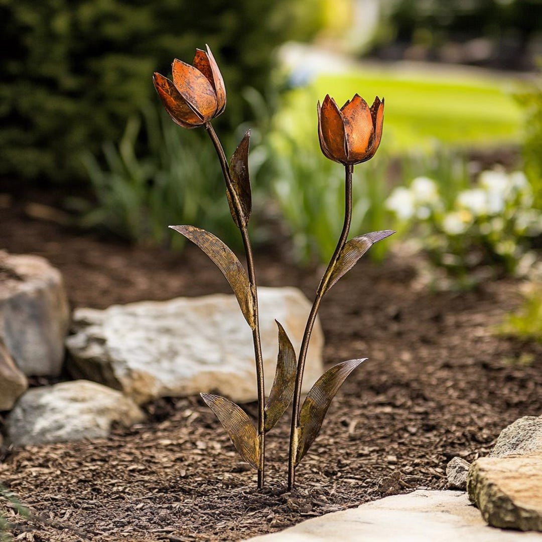 Set of 2 Rustic Metal Tulips Garden Sculpture - Garden Stake - Etsy