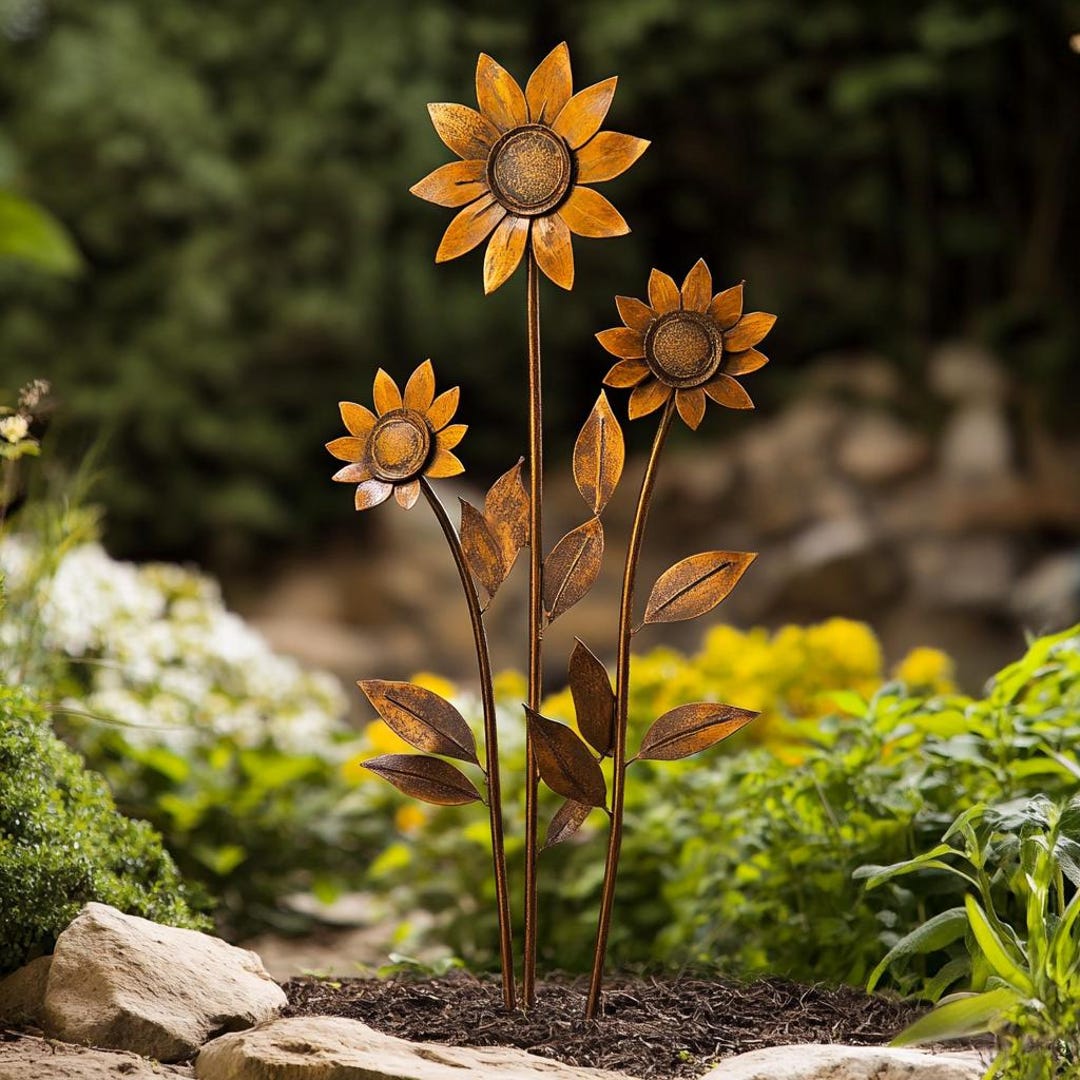 Rustic Sunflower Trio Garden Sculpture - Garden Stake - Etsy