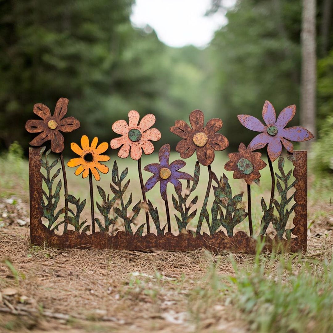 Colorful Rusted Metal Flower Garden Sculpture - Garden Stake - Etsy