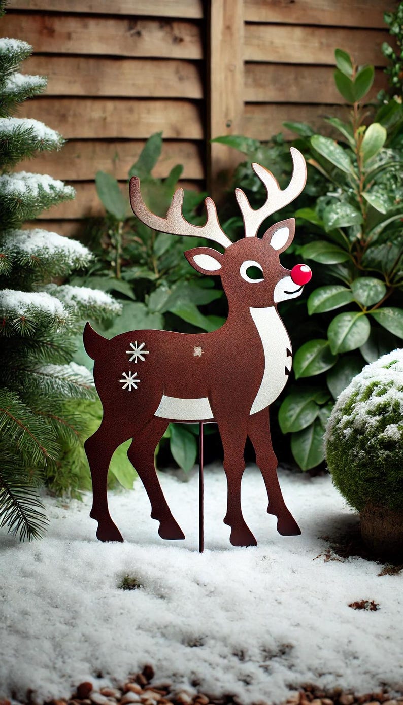 Flat Metal Rudolph Reindeer Holiday Ornament - Garden Stake - Etsy