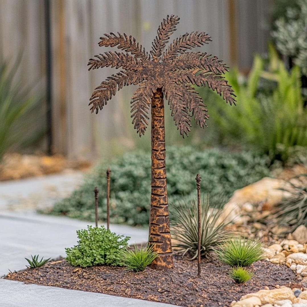 Rustic Palm Tree Metal Sculpture - Garden Stake Decor - Etsy