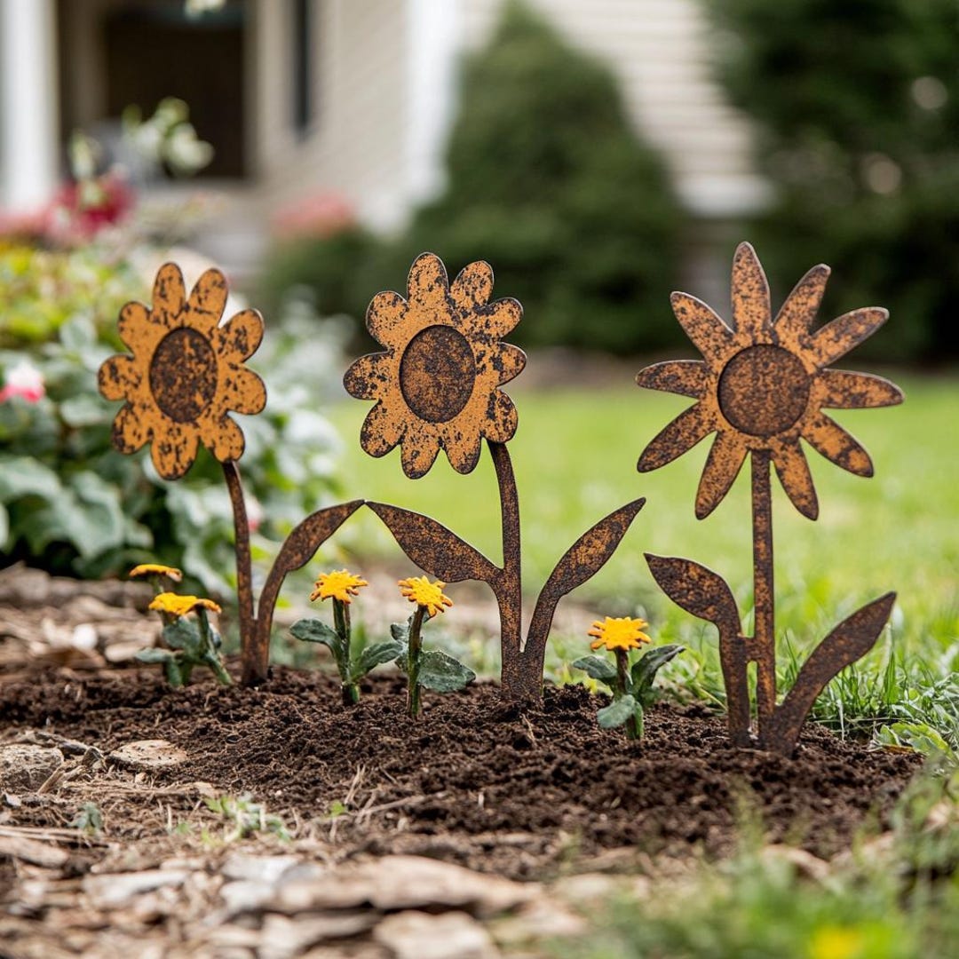 Sunflower Garden Sculpture Set - Garden Stake - Etsy