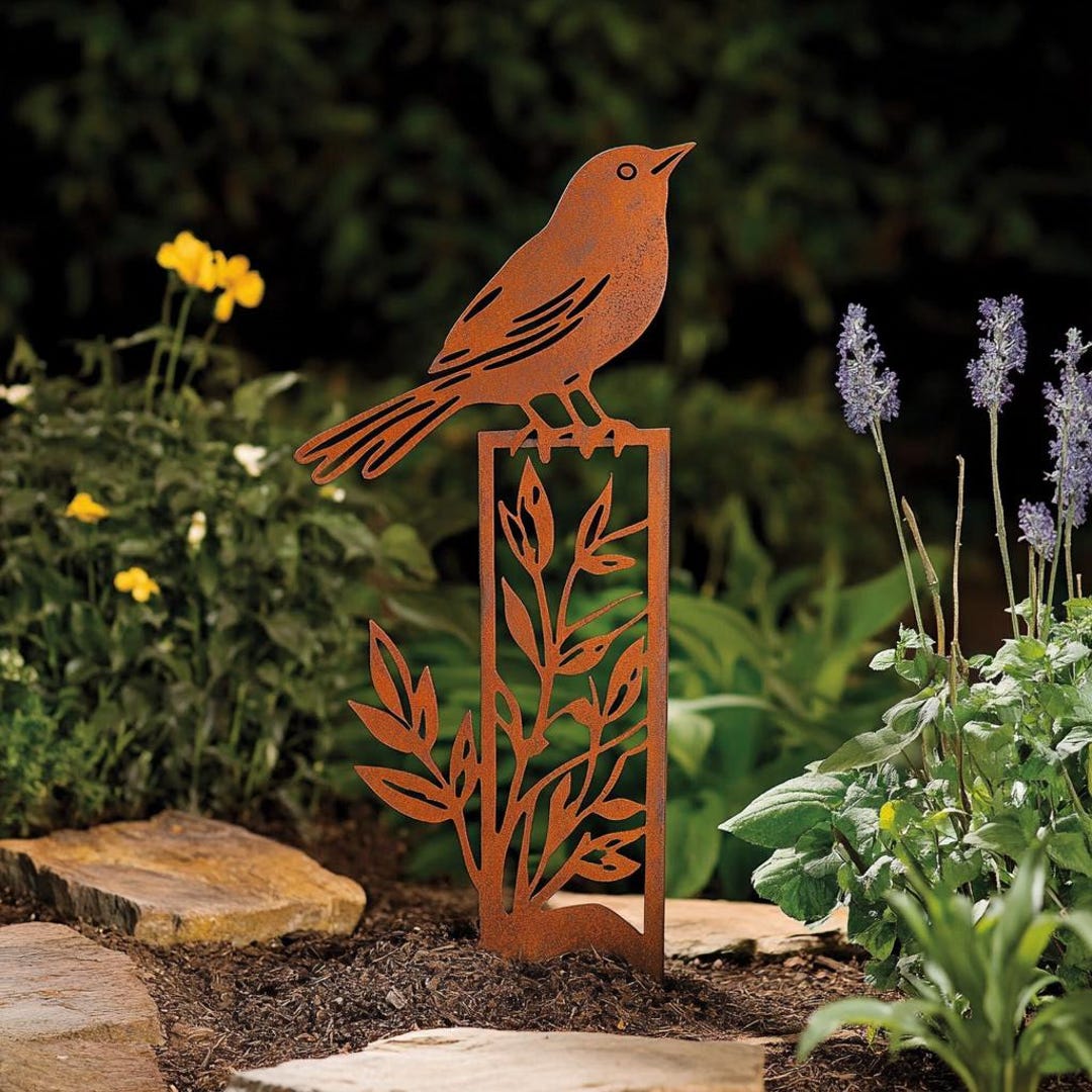 Bird on Leafy Frame Metal Garden Stake - Garden Stake - Etsy