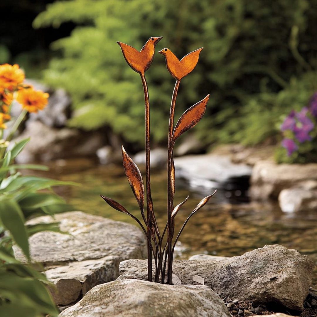 Twin Birds Rustic Metal Garden Sculpture - Garden Stake - Etsy