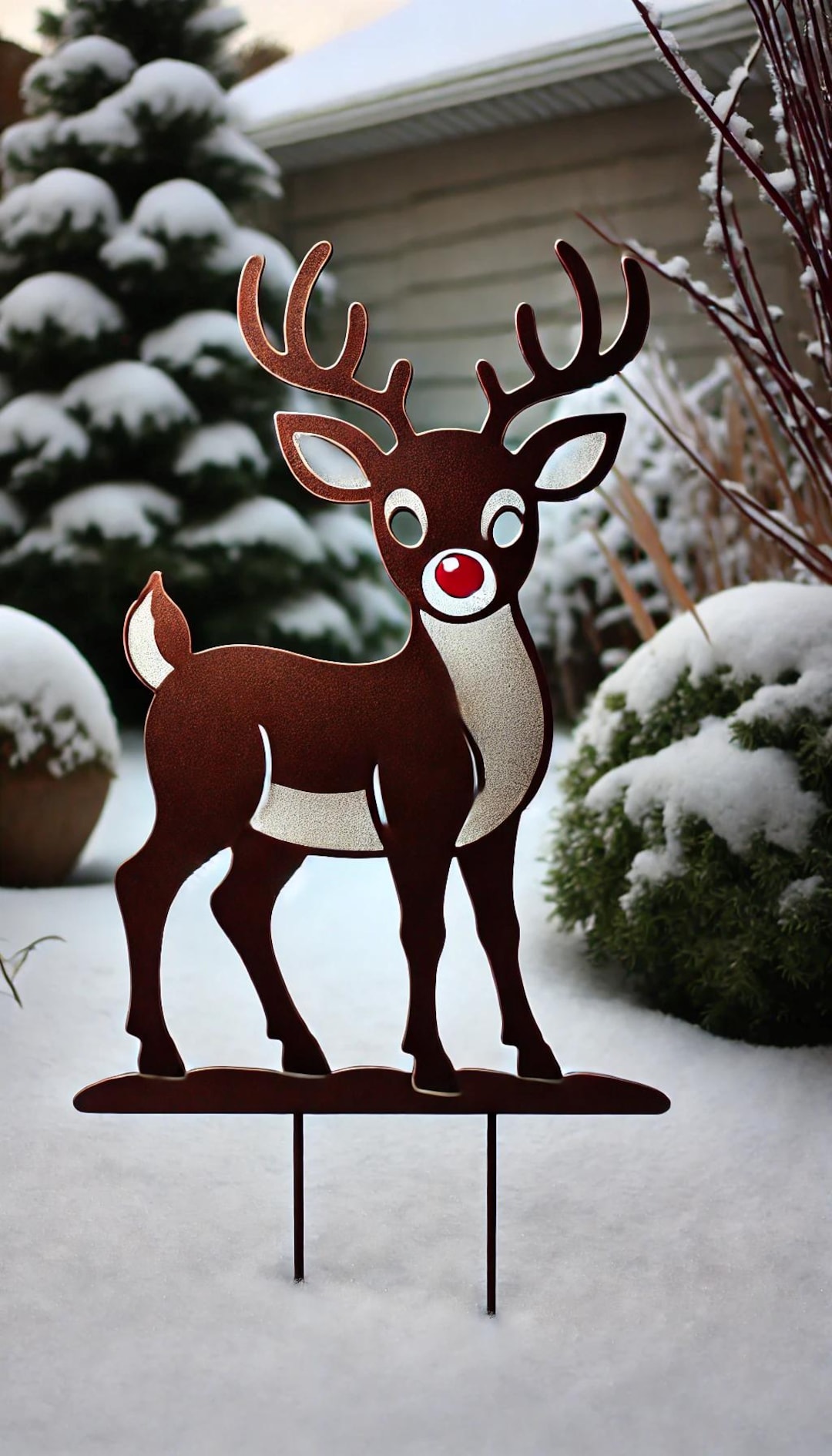 Flat Metal Rudolph Reindeer Yard Ornament - Garden Stake - Etsy
