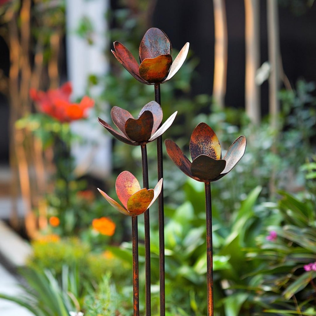 Rustic Metal Blooming Flower Garden Stakes - Garden Stake - Etsy