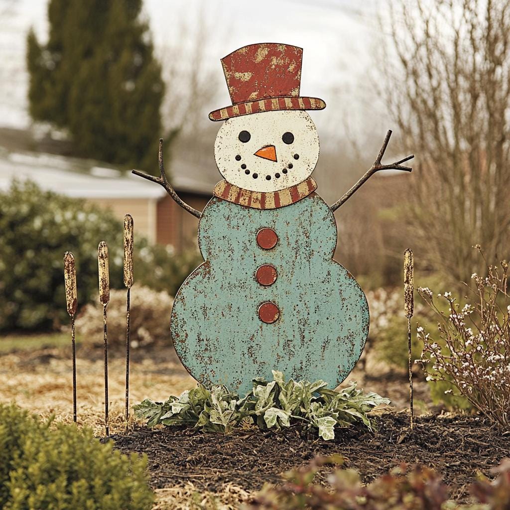 Charming Rustic Snowman With Festive Accents - Garden Stake - Etsy