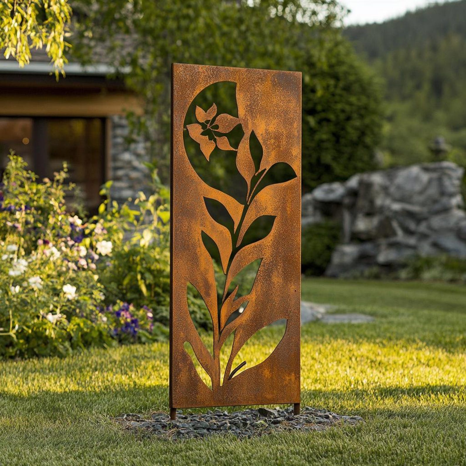 Rustic Floral Metal Garden Panel - Garden Decor (30", a Width of 15 ...