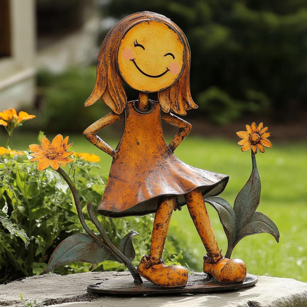 Smiling Girl With Flowers Metal Garden Sculpture - Garden Decor - Etsy