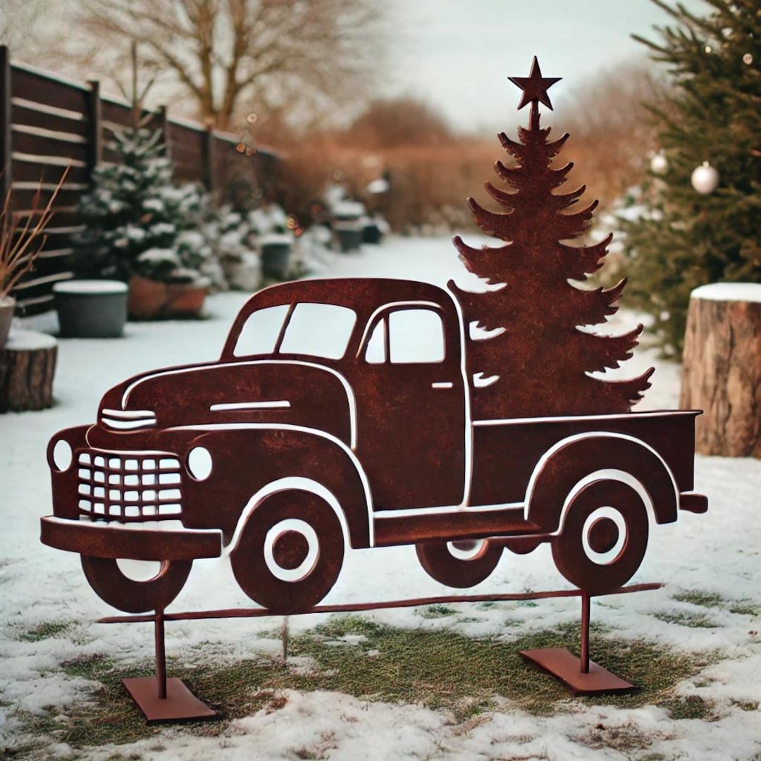 Front-view Vintage Christmas Truck With Tree - Garden Stake - Etsy