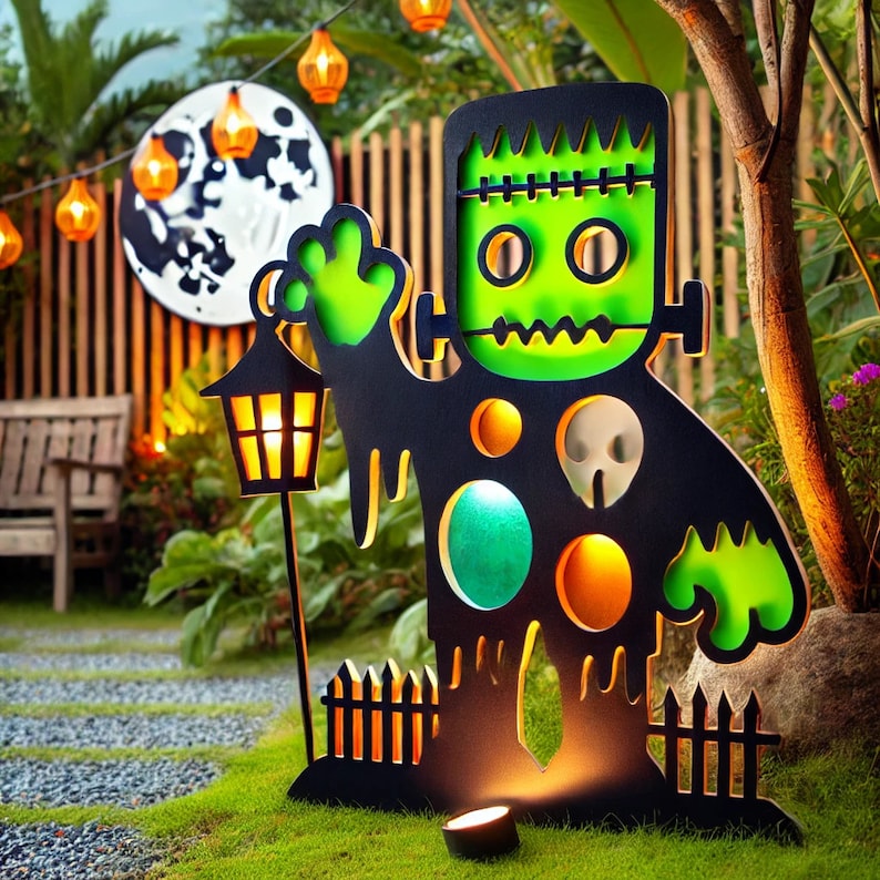 Glowing Frankenstein Monster Yard Decor Colorful Halloween Garden Sign ...