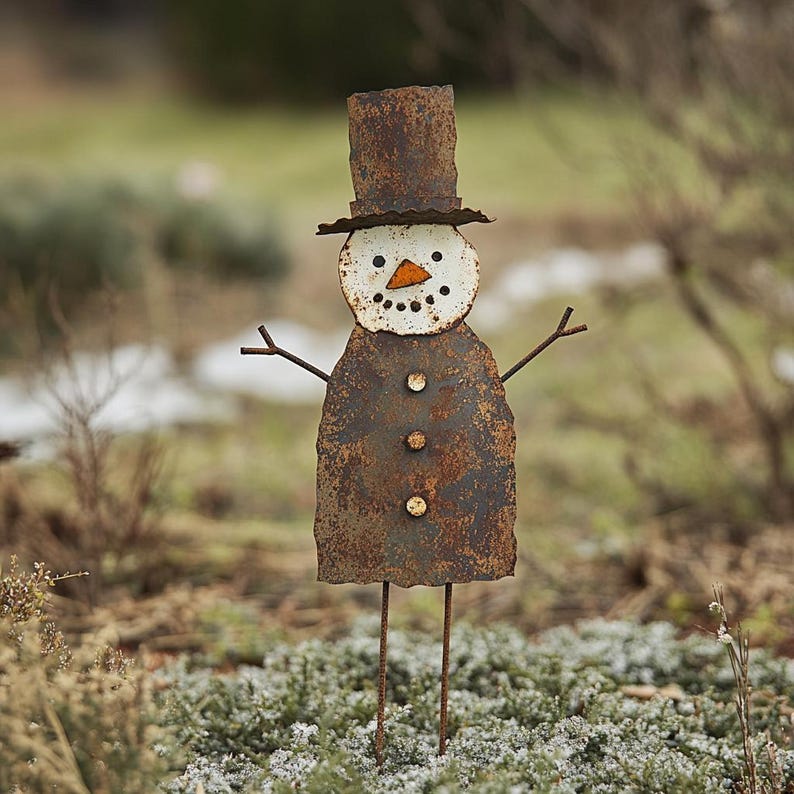 Cheerful Rusty Snowman - Garden Stake - Etsy