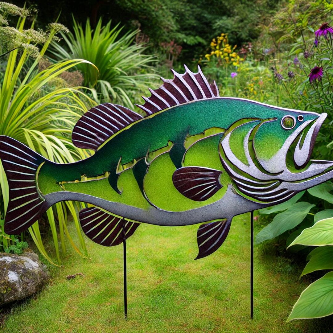 Green Bass Fish Cutout Sculpture - Garden Stake - Etsy