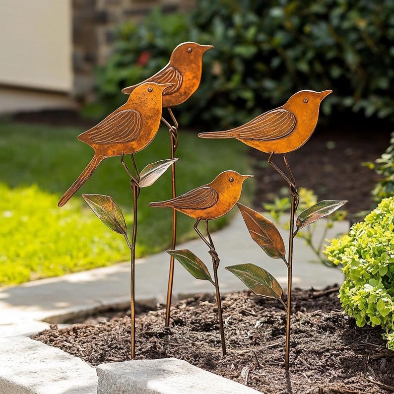 Four-bird Rustic Metal Garden Stakes - Garden Stake - Etsy