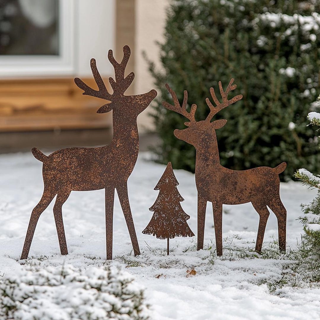 Reindeer Family and Tree Sculpture Set - Thanksgiving Garden Decor - Etsy