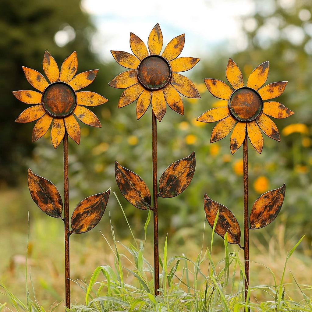 Rustic Metal Sunflower Garden Stakes - Set of 3 - Garden Stake - Etsy