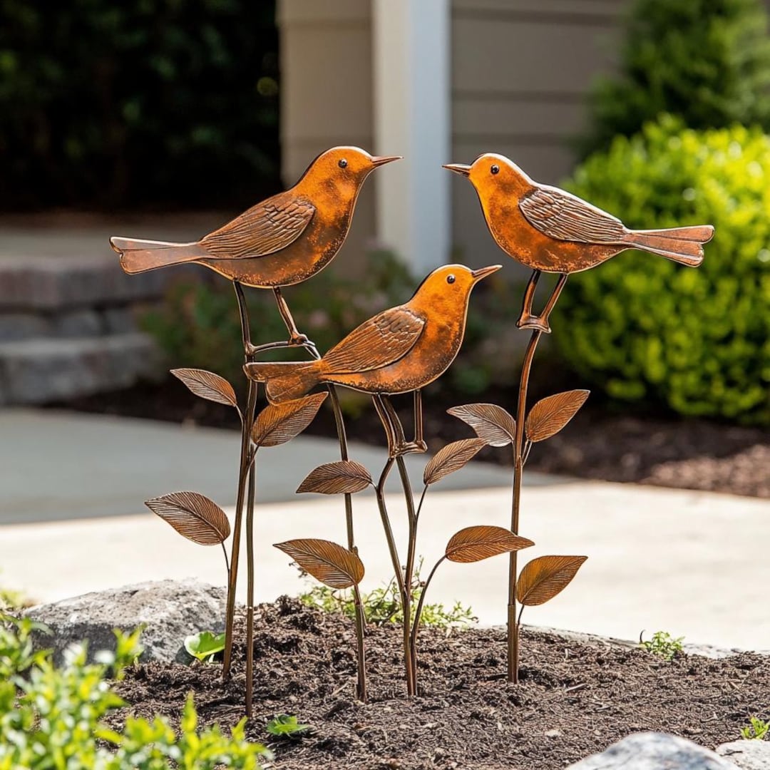 Trio Bird Rustic Metal Garden Stakes - Garden Stake - Etsy