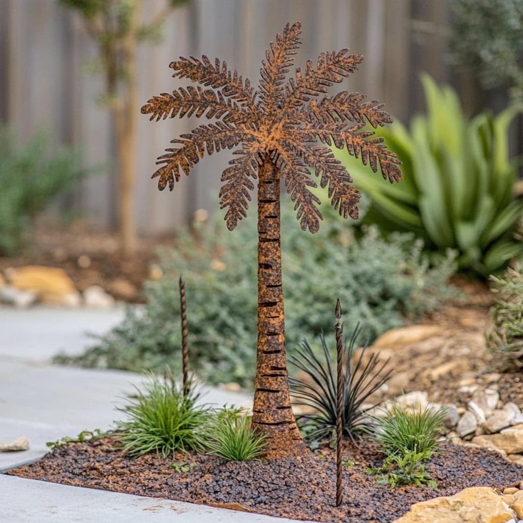 Rustic Metal Palm Tree Sculpture - Garden Stake Decor - Etsy