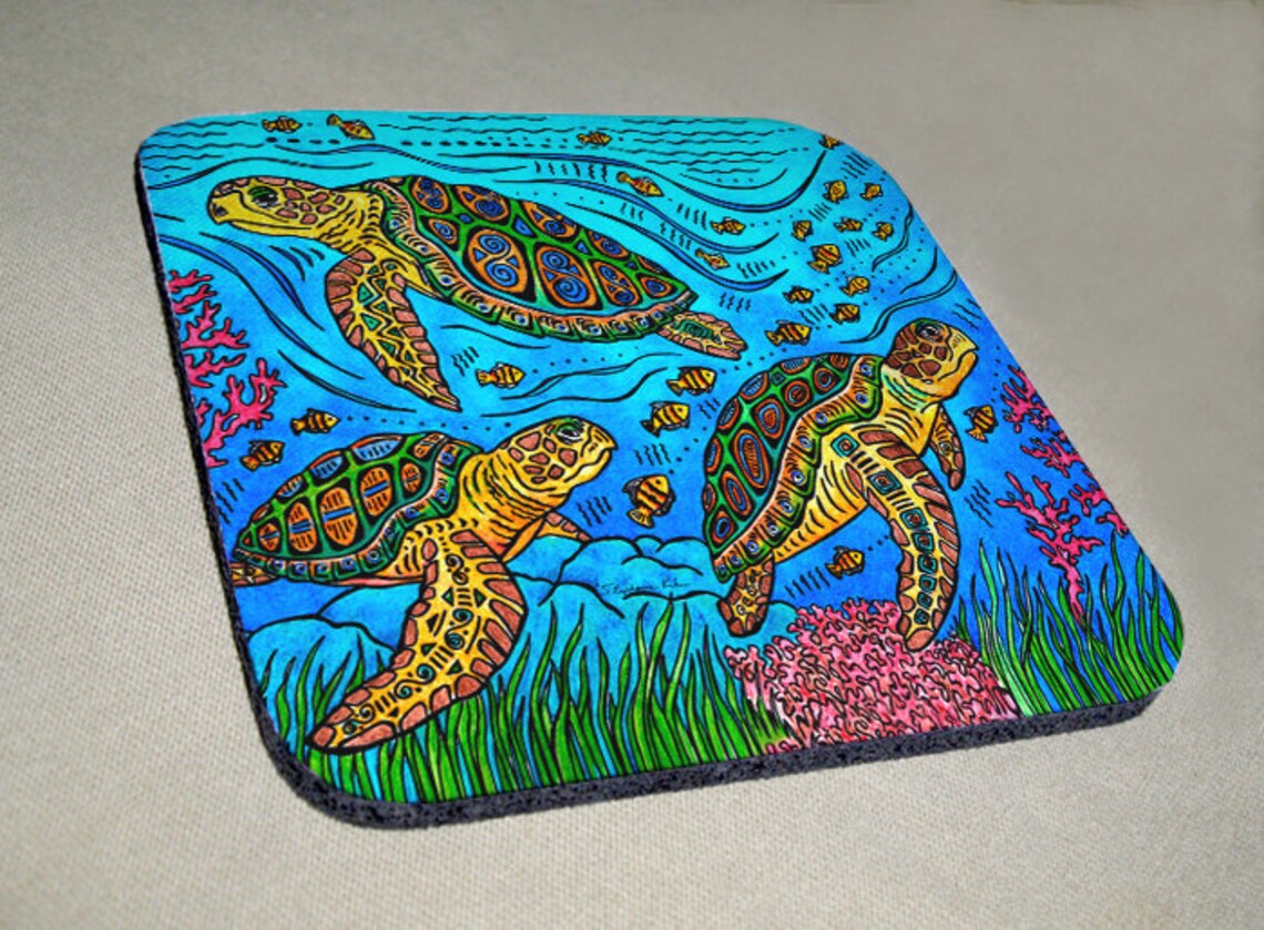 3 Loggerheads Sea Turtles Coasters Set of 4 - Etsy