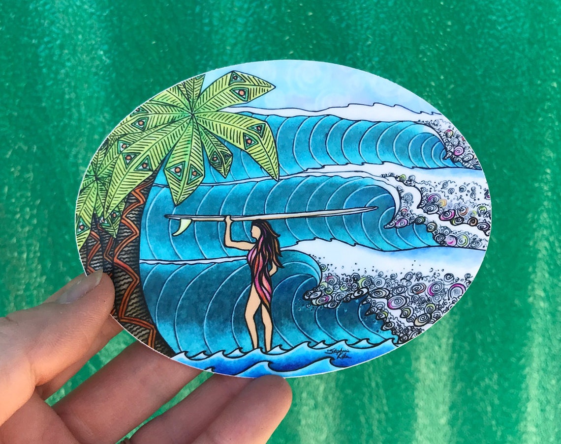 Surfer Girl Surf Art Sticker, Decal, for Cars, Water Bottles ...