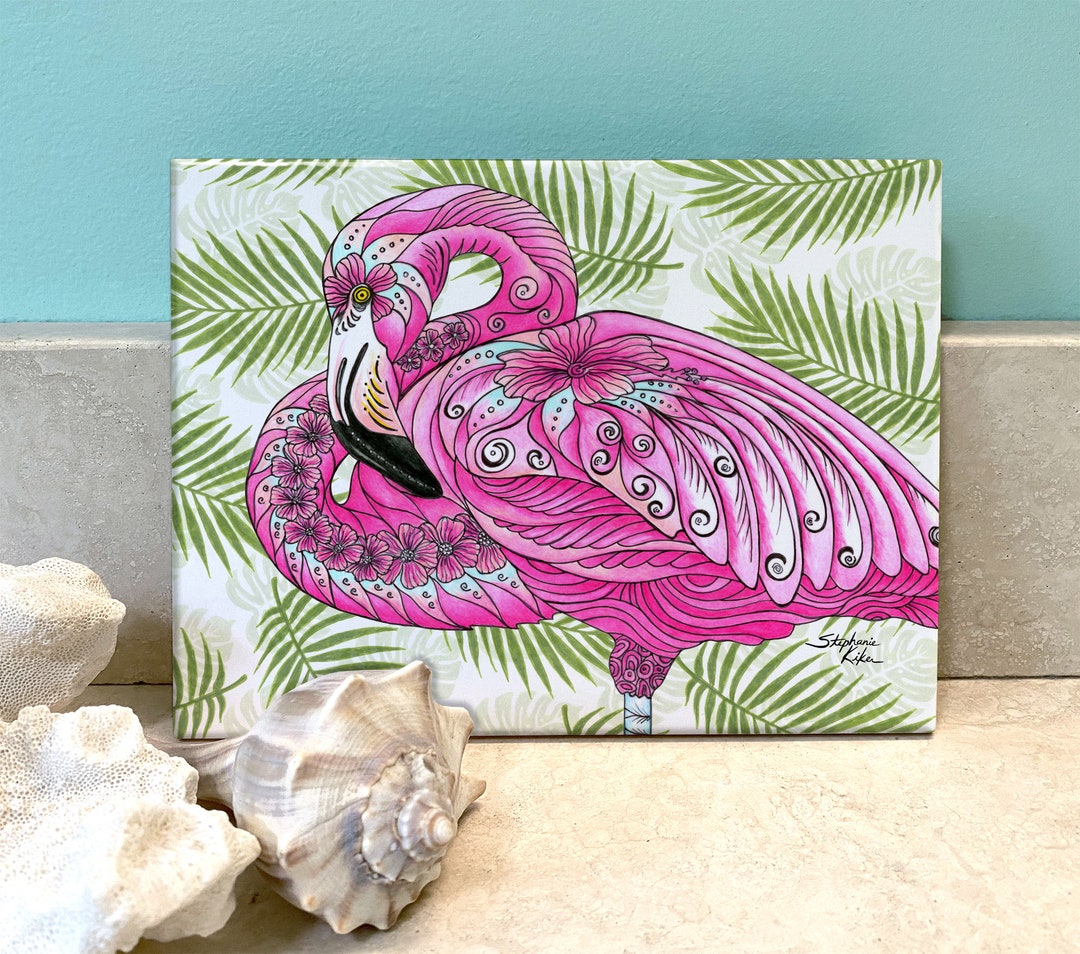 Flamingo Flowers Tile Wall Art - Etsy