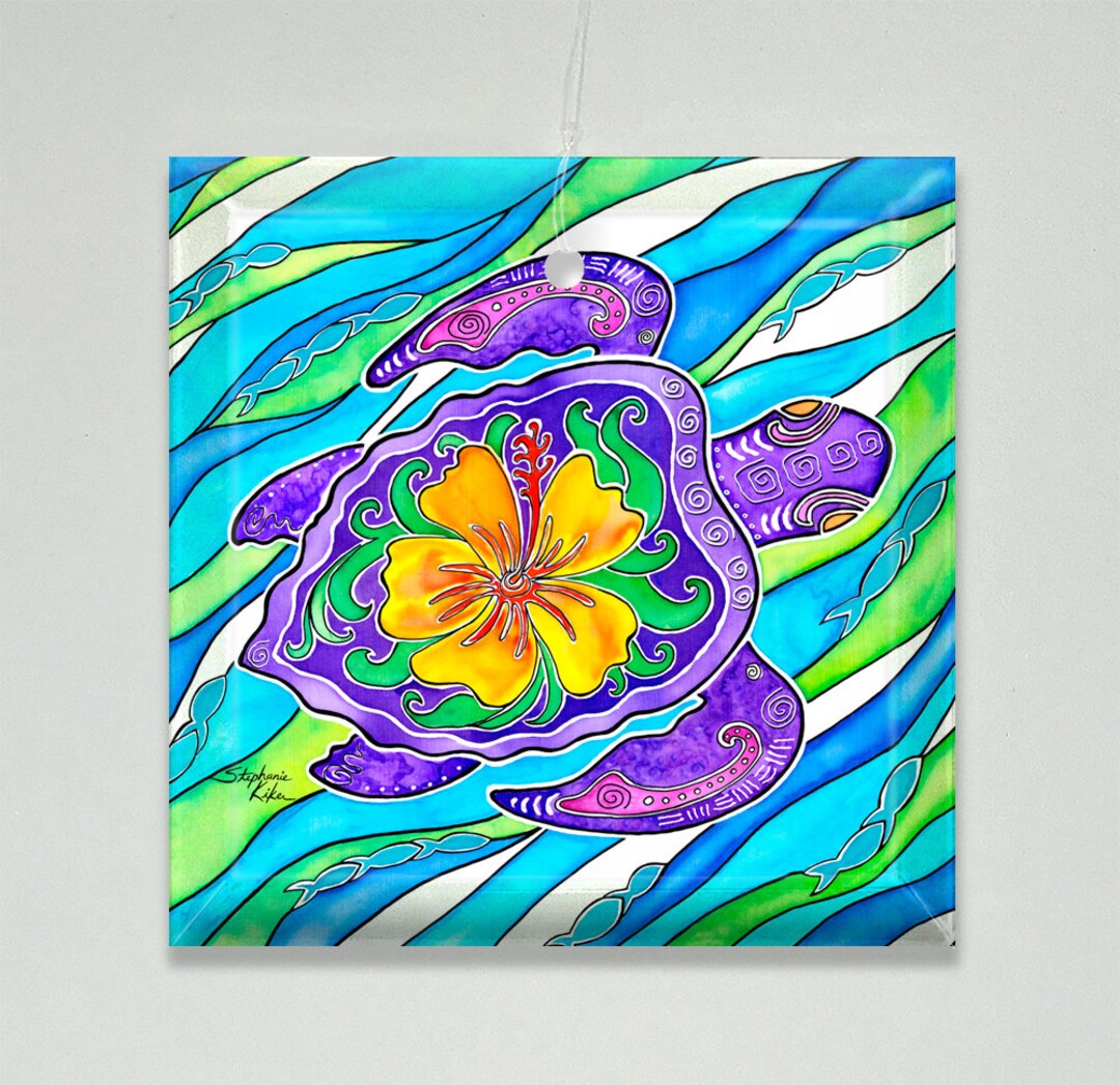 Hibiscus Turtle Ornament and Suncatcher, Turtle Art - Etsy