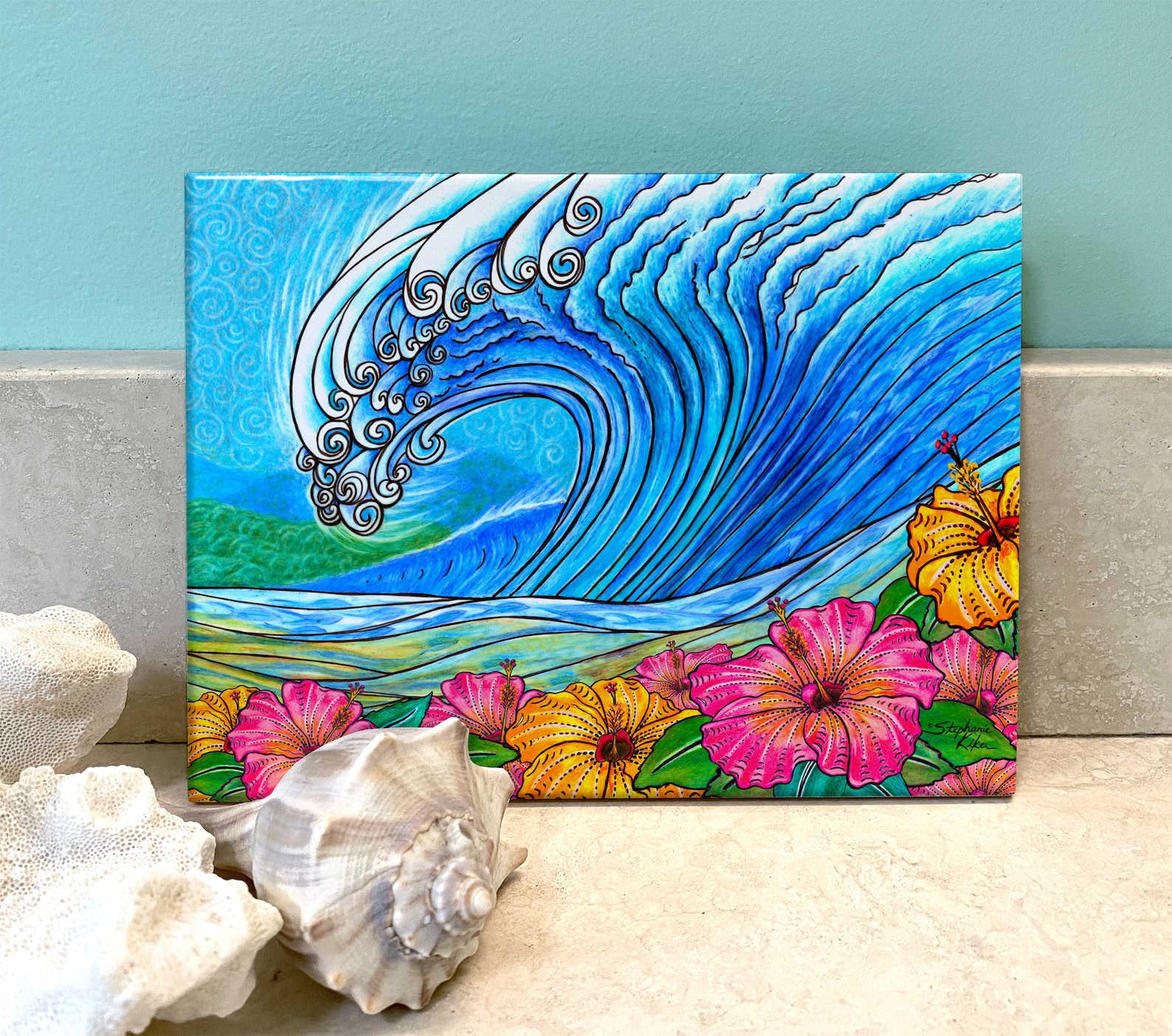 Hibiscus Wave Ceramic Tile Wall Art, Tile Art, Ceramics - Etsy