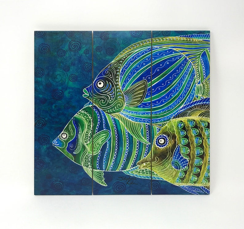 Fish School Wood Triptych Wall Art Ready to Hang Wood Art | Etsy