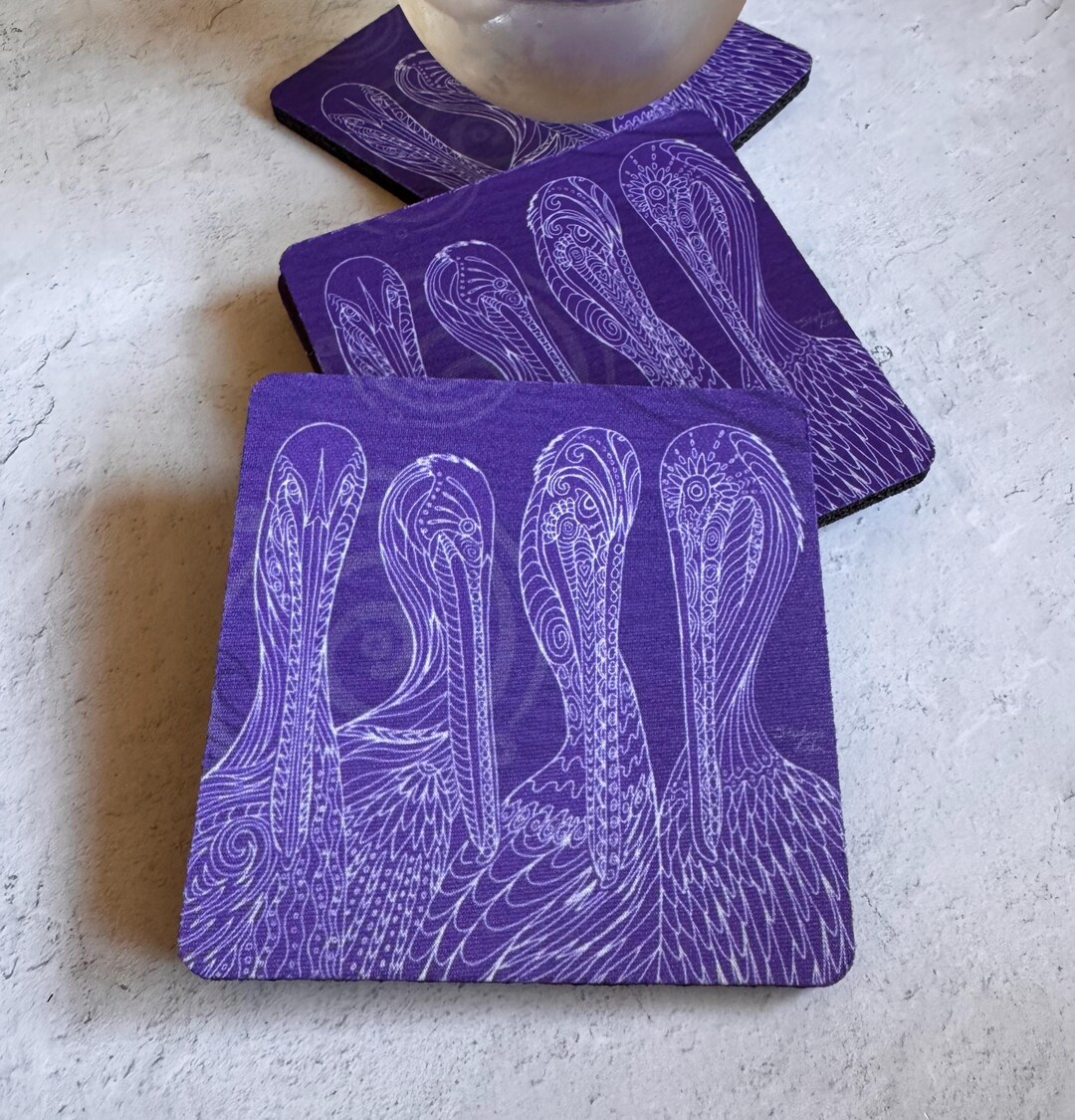Purple Pelican Party, Coasters Set of 4, Home Decor - Etsy