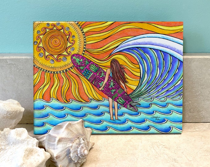 Summer Sun Surfer, Surf Art, Sun and Waves, Ceramic Tile Wall Art ...