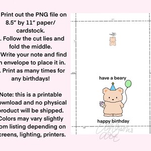 Bear Happy Birthday Card DIGITAL DOWNLOAD Printable File Bori Bear Cute ...